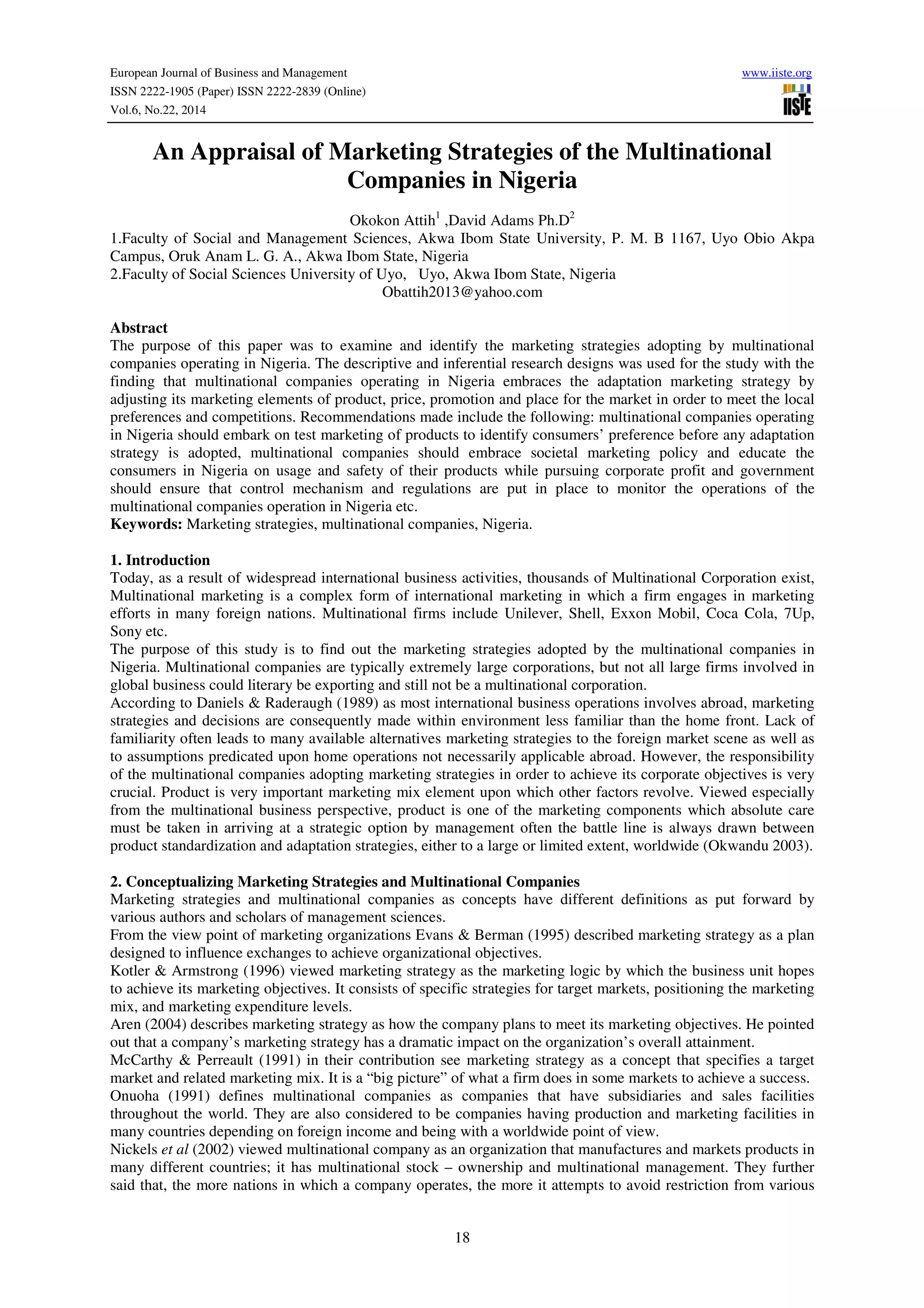 An appraisal of marketing strategies of the multinational companies in nigeria | PDF