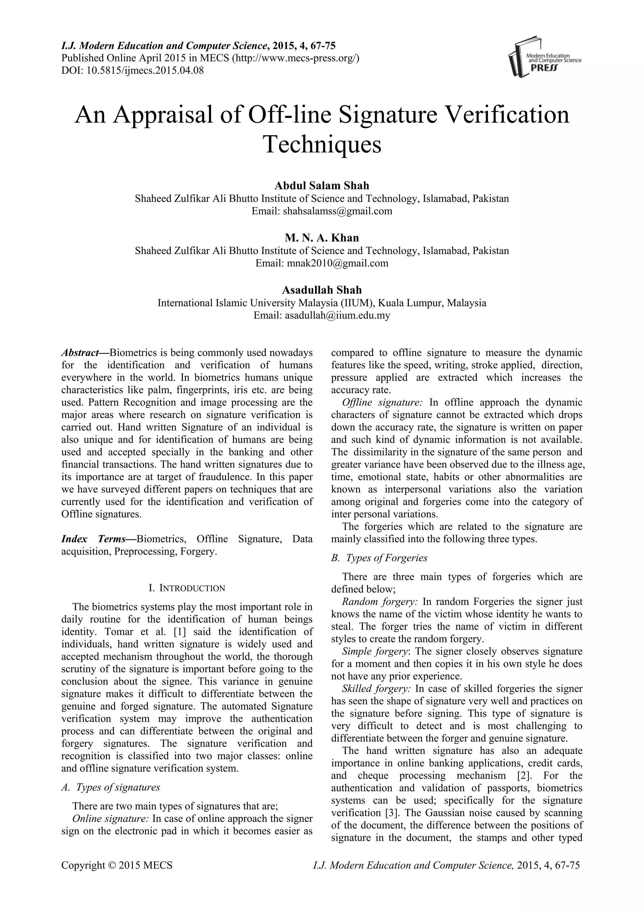 An Appraisal Of Offline Signature Verification Techniques Pdf