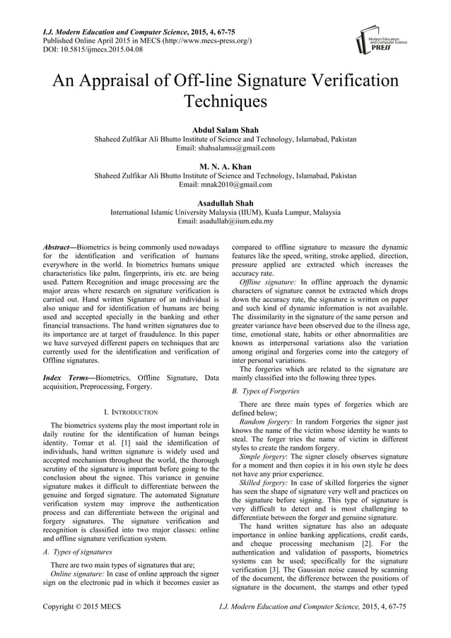 An appraisal of offline signature verification techniques | PDF