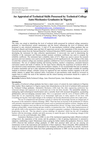 An appraisal of technical skills possessed by technical college auto ...