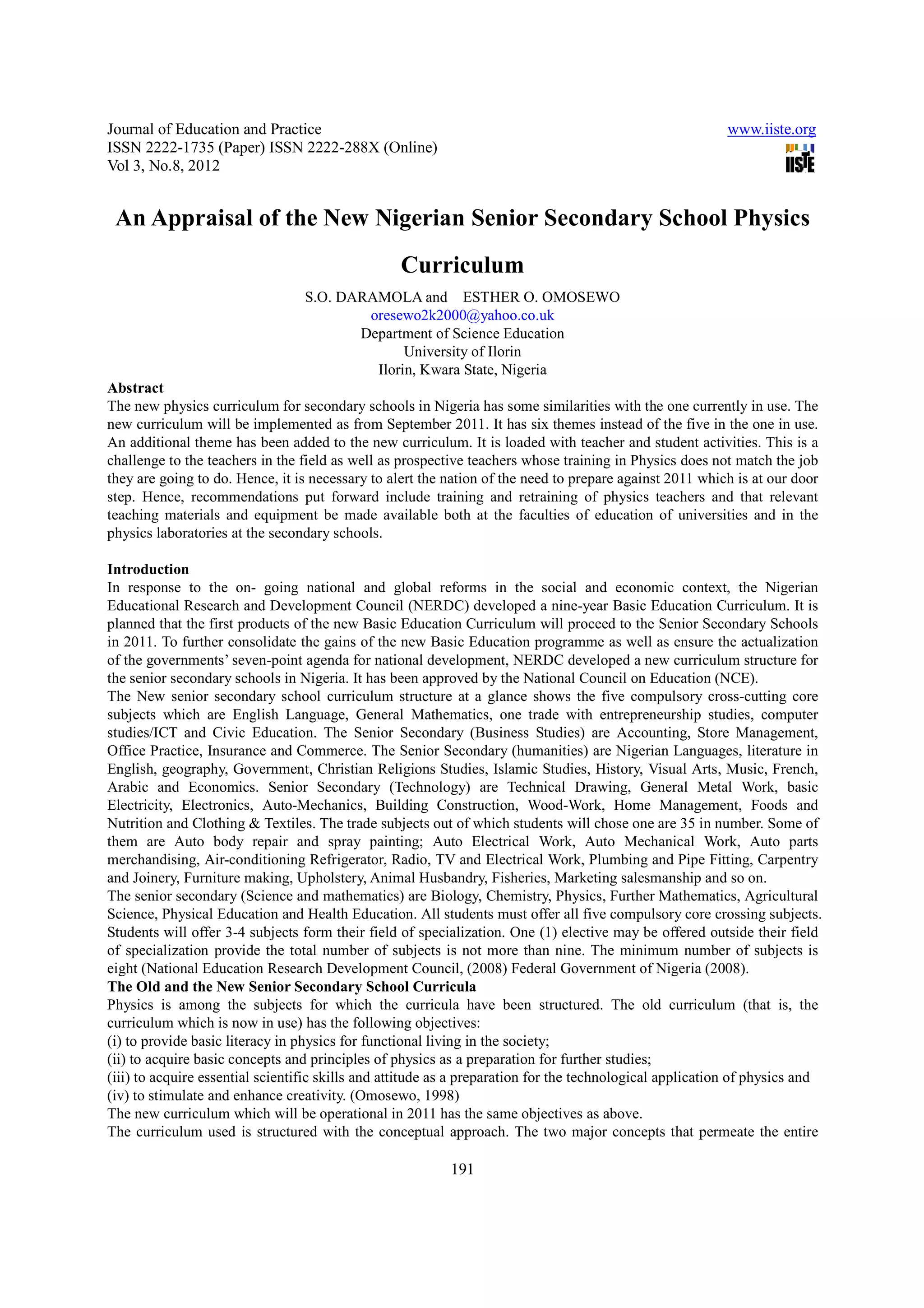 An appraisal of the new nigerian senior secondary school physics ...