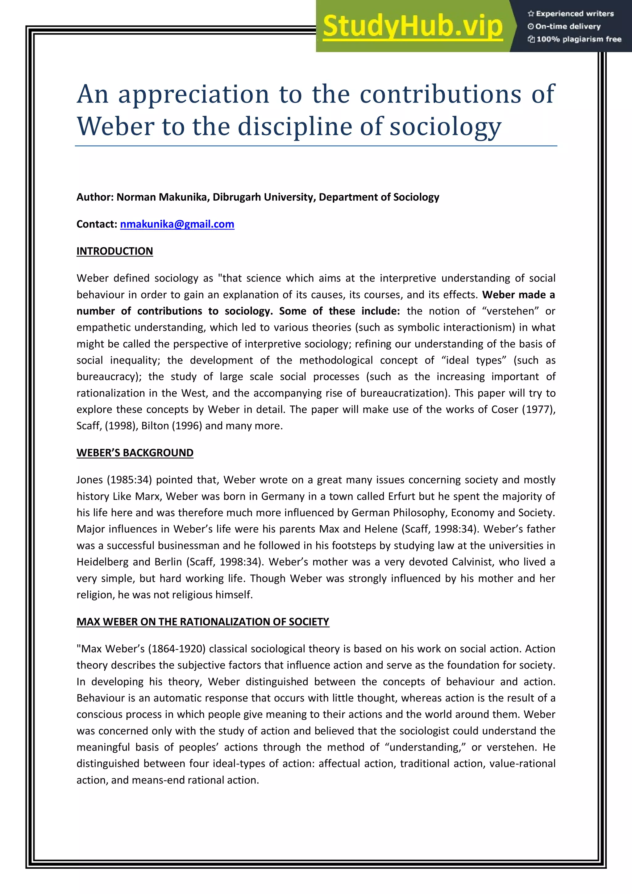 An Appreciation To The Contributions Of Weber To The Discipline Of Sociology | PDF