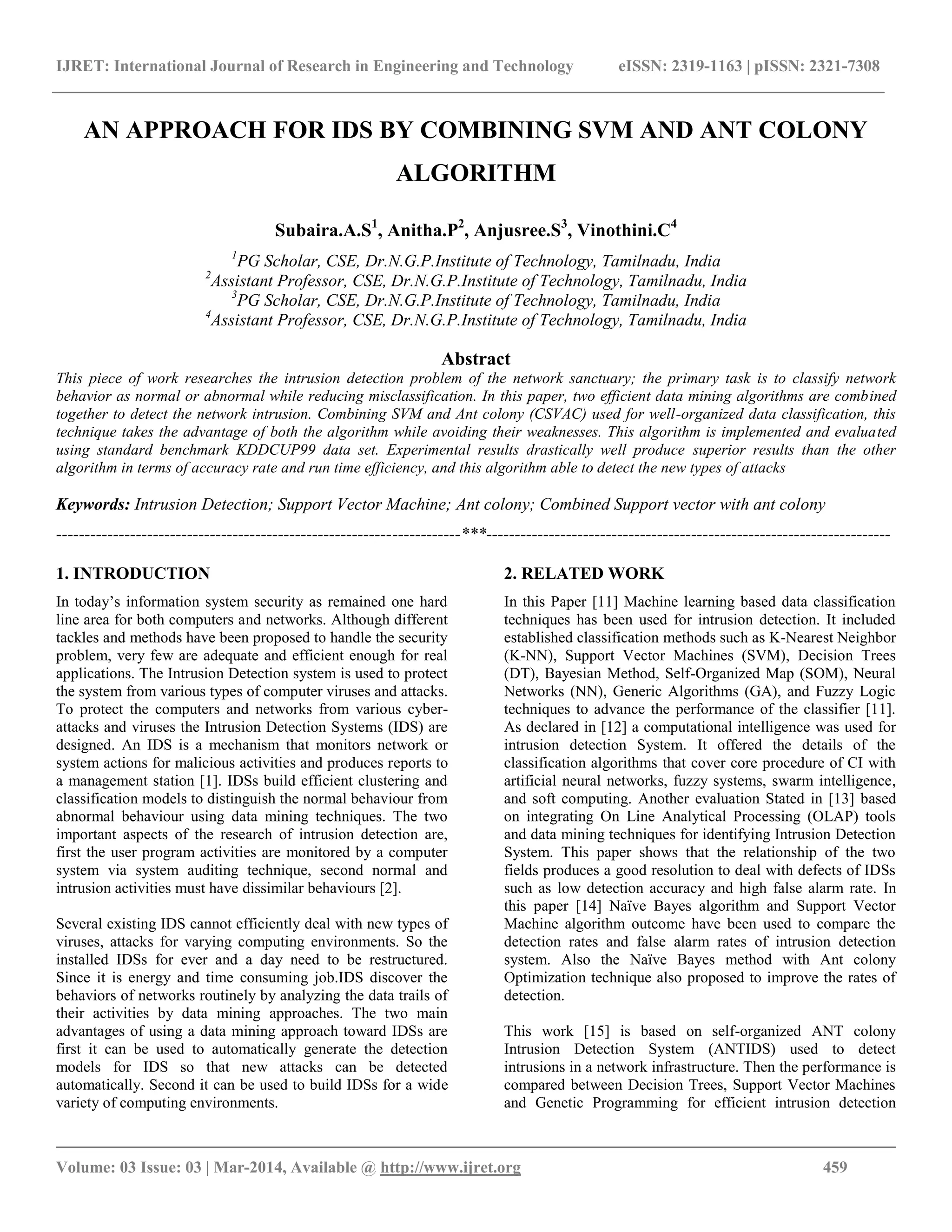An Approach For Ids By Combining Svm And Ant Colony Algorithm Pdf
