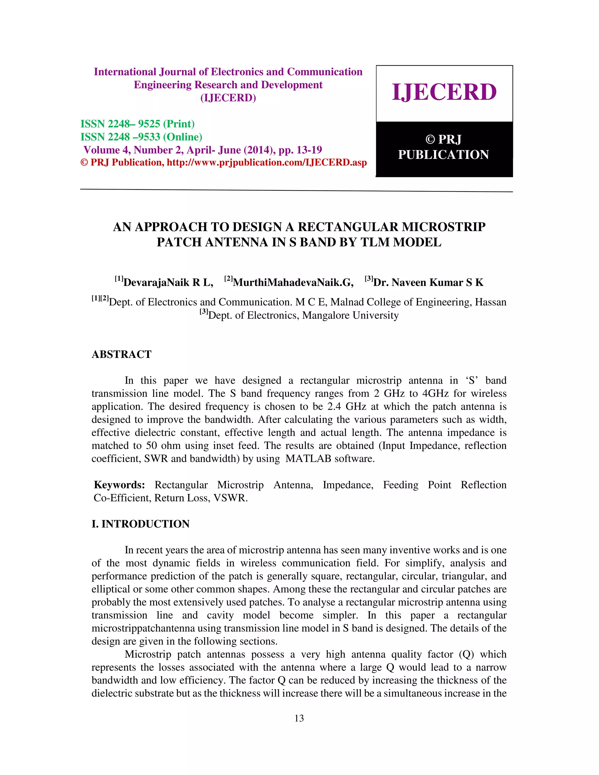 An approach to design a rectangular microstrip patch antenna in s band by tlm model | PDF
