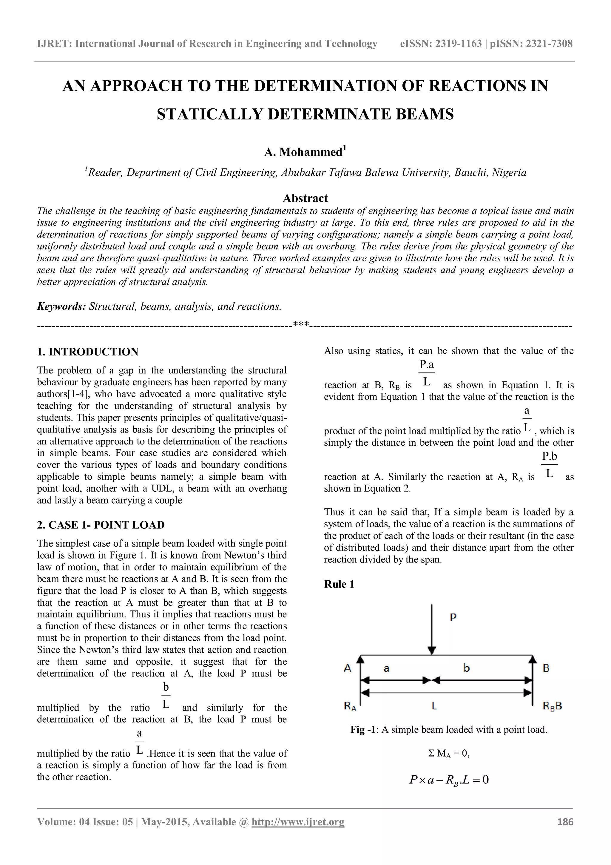 An approach to the determination of reactions in statically determinate beams | PDF