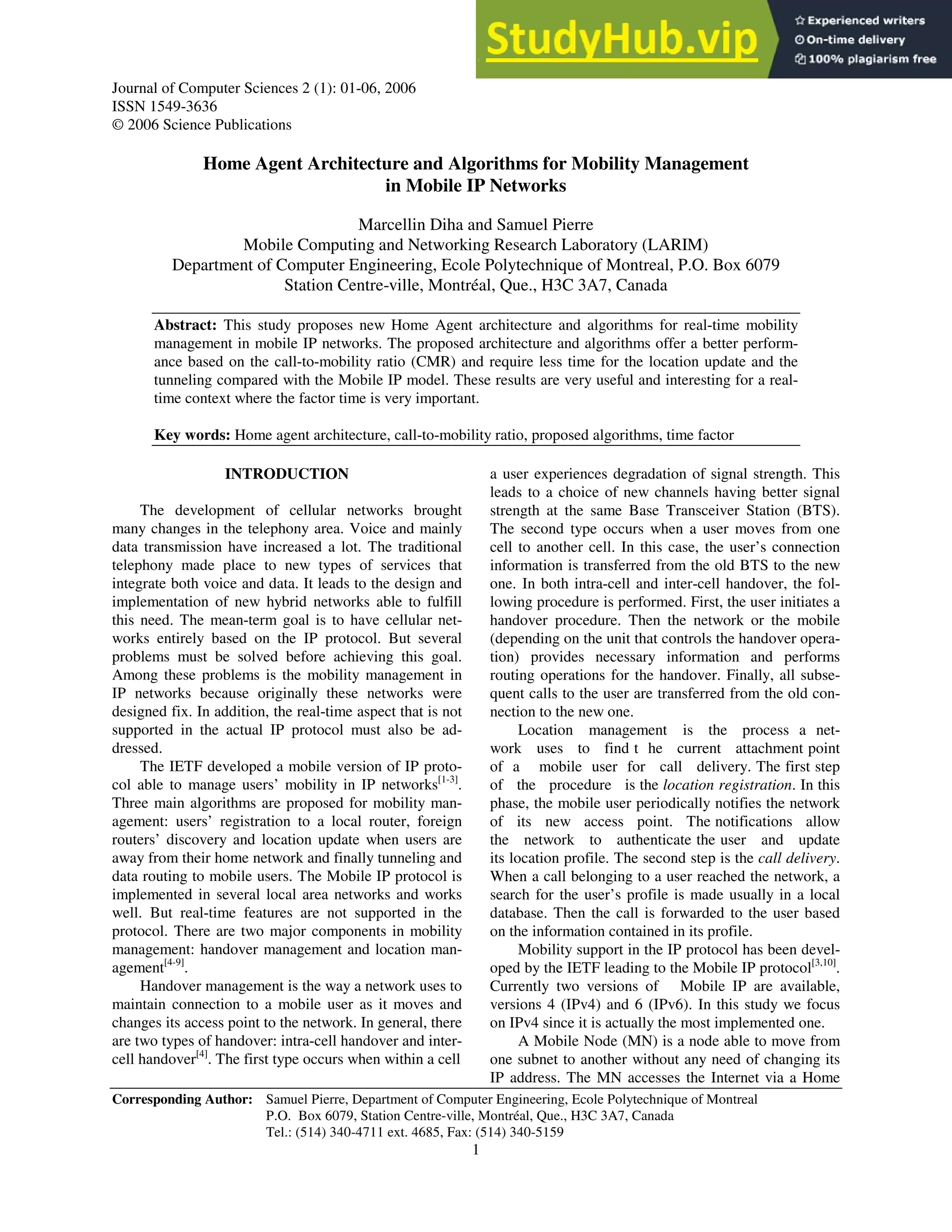 An Architecture For Mobility Management In Mobile Computing Networks | PDF