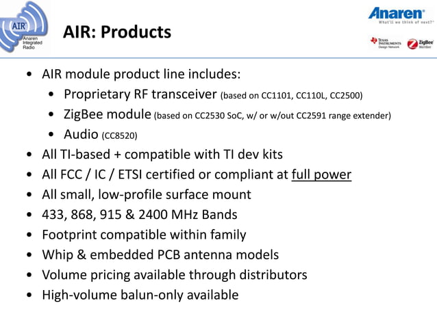Anaren AIR Low-Power RF Modules | PPT