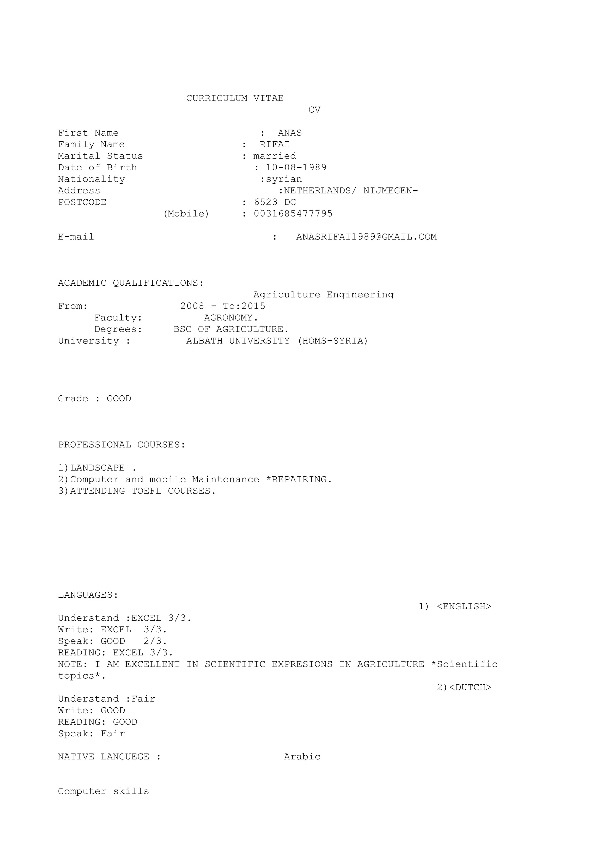 Anas cv - AGRICULTURAL ENGINEERING - مهندس زراعي - | TXT | Agriculture ...