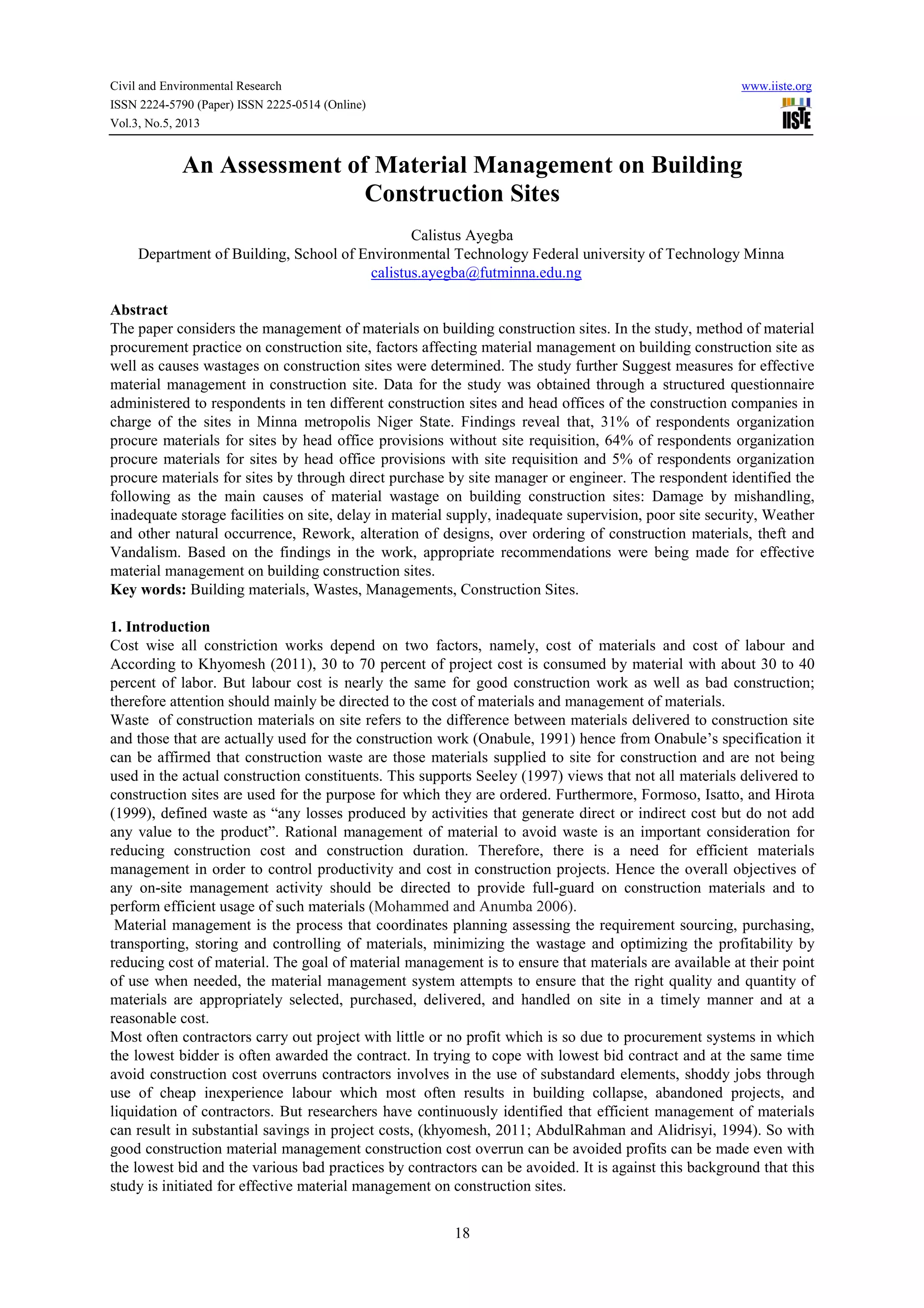 An assessment of material management on building construction sites | PDF