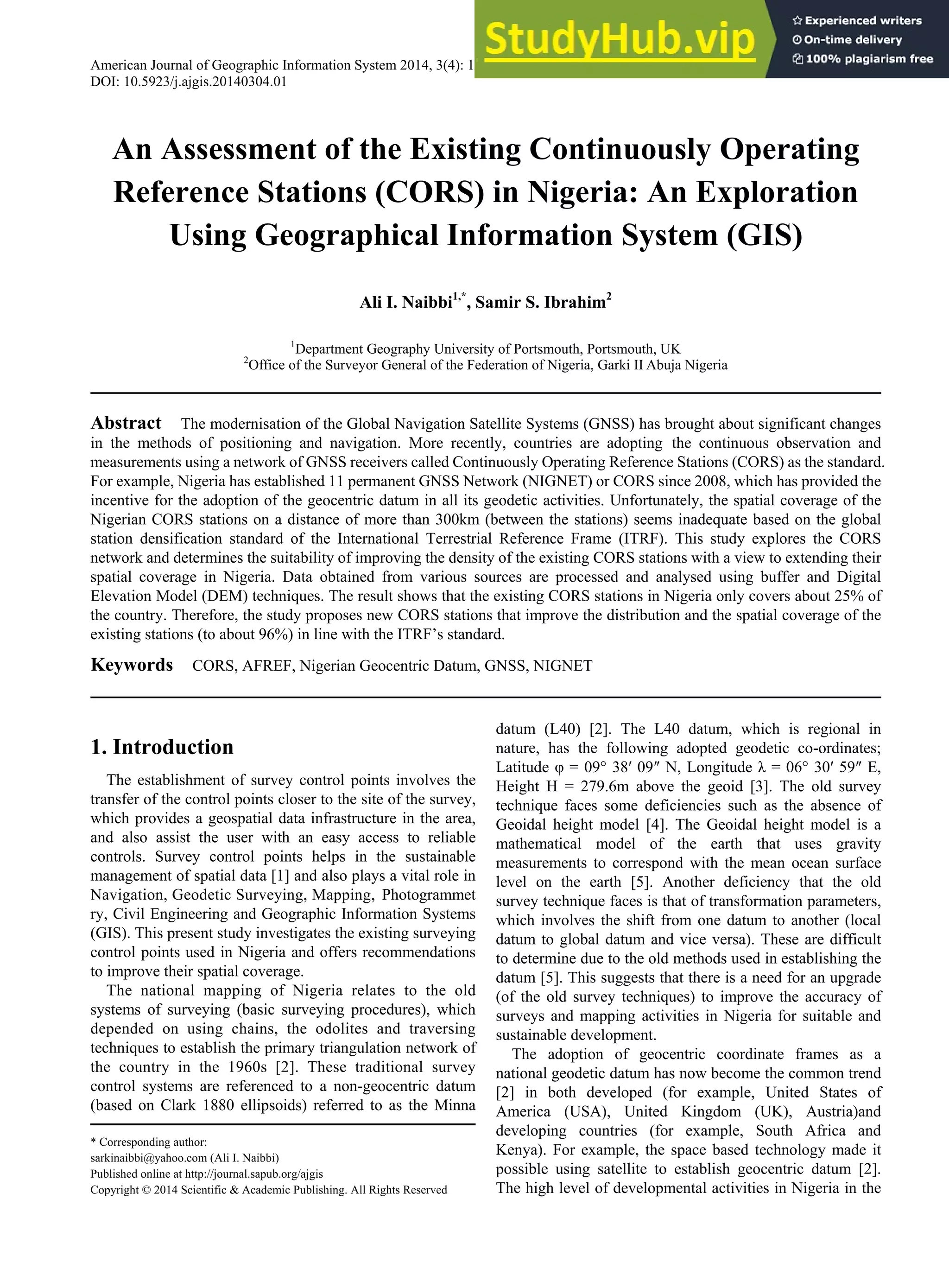 An Assessment Of The Existing Continuously Operating Reference Stations (CORS) In Nigeria An ...