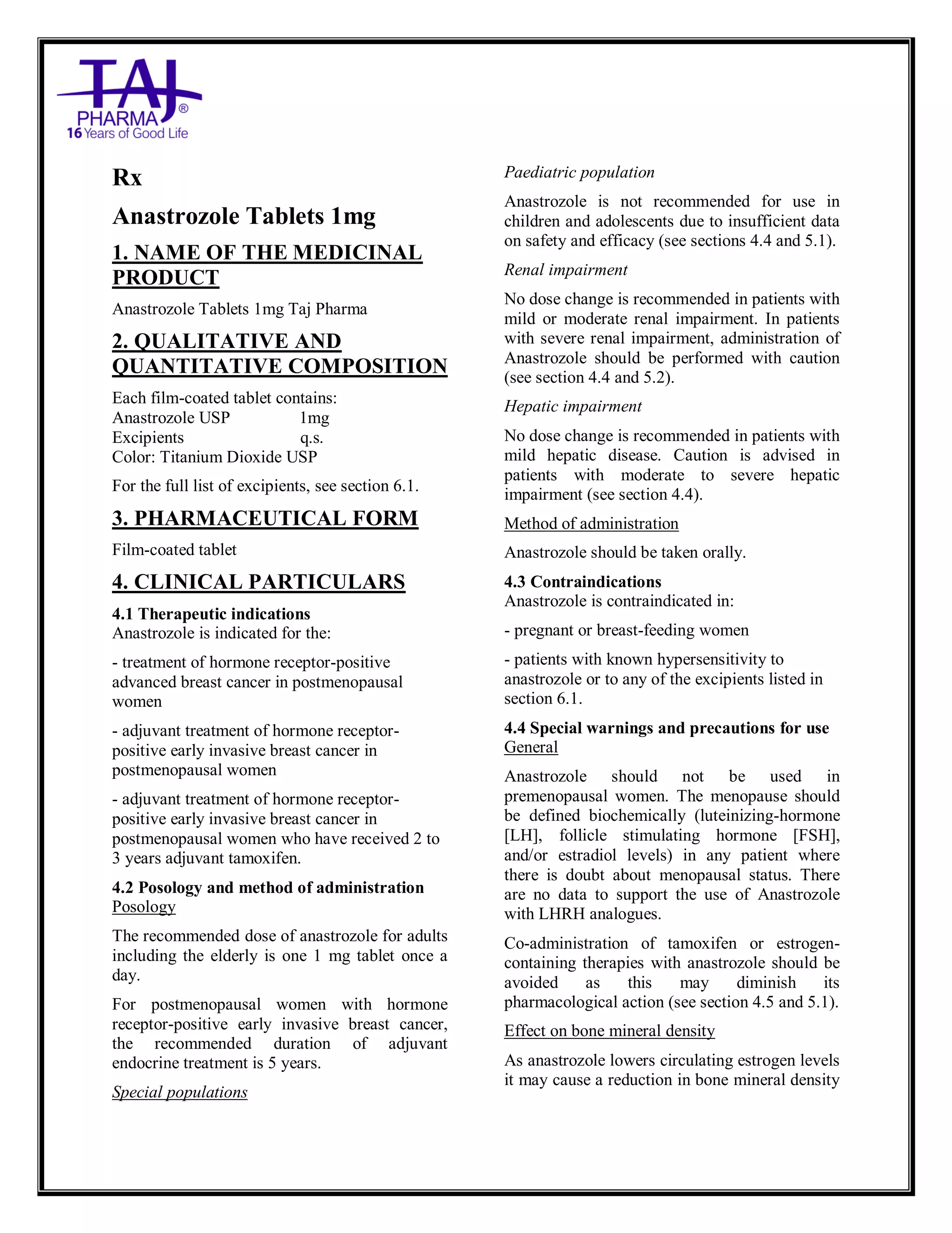 Anastrozole Tablets Taj Pharma SmPC | PDF