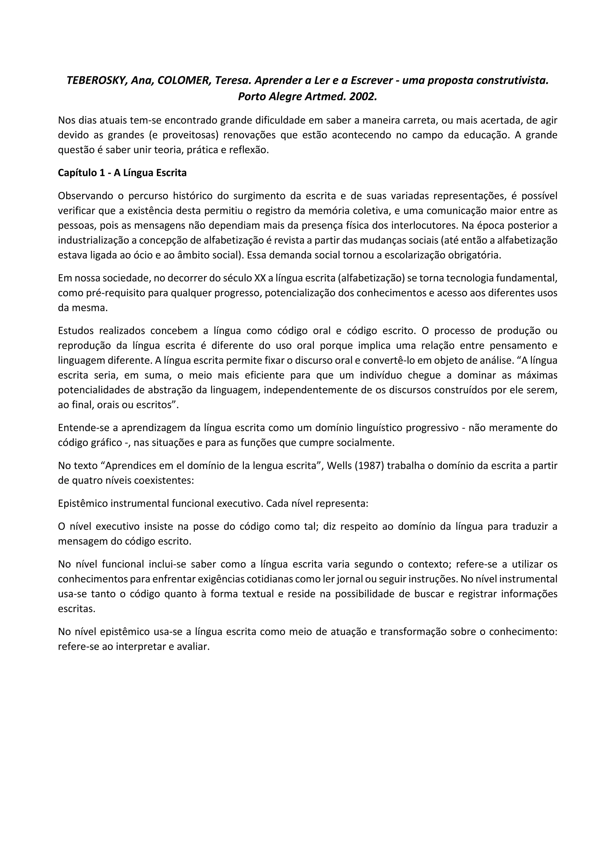 Aprender a ler e a escrever - Ana Teberosky | PDF