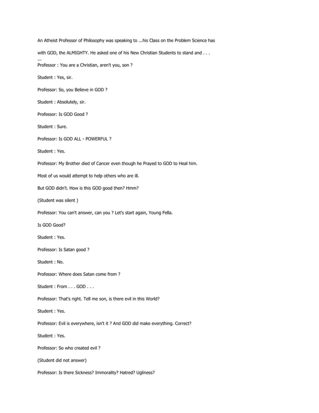 An atheist professor of philosophy was speaking to | PDF