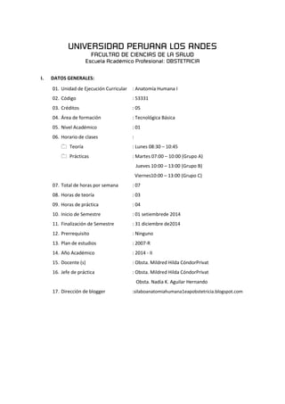 SILABO DE ANATOMIA HUMANA I EAP DE OBSTETRICIA 2014-II | PDF