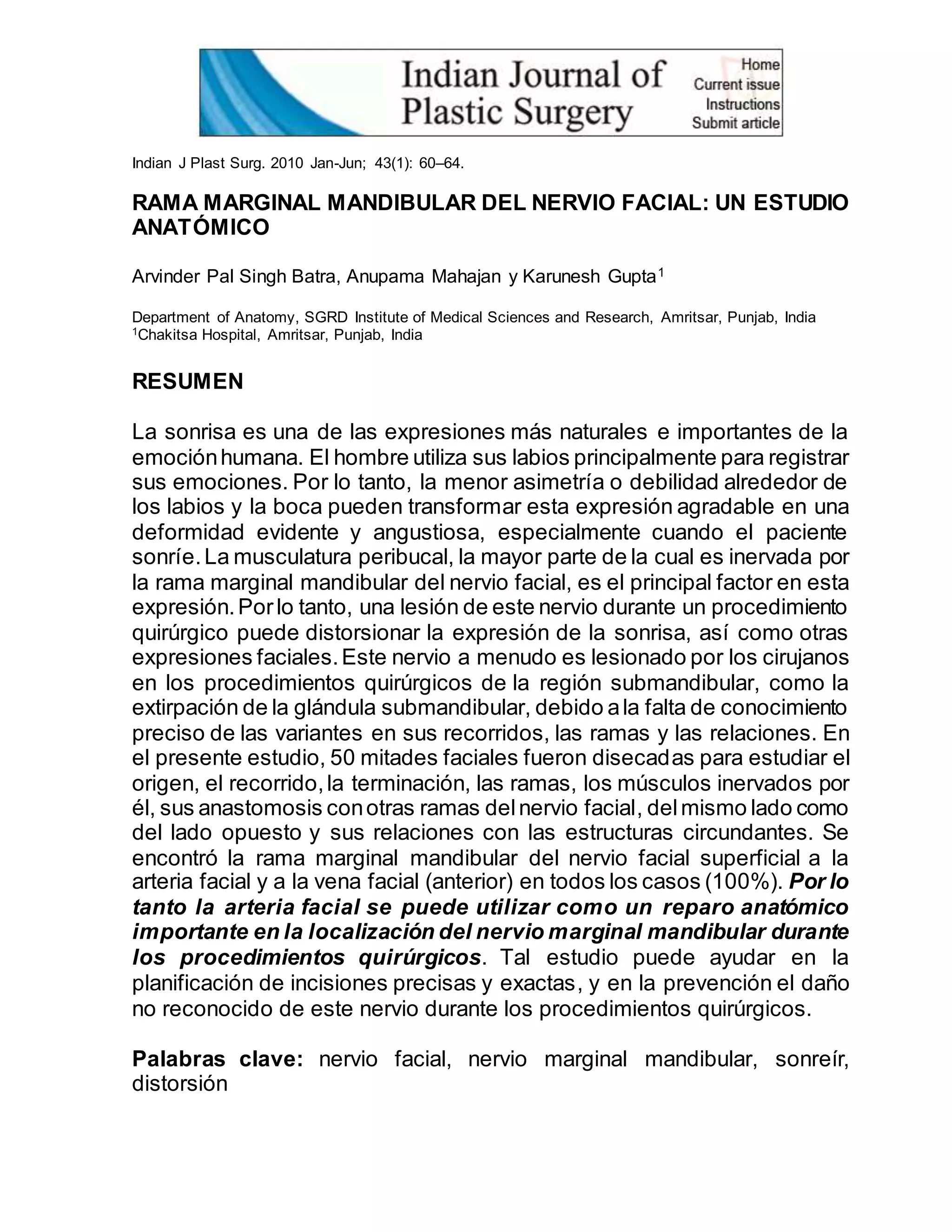 ANATOMIA QUIRURGICA DE LA RAMA MARGINAL MANDIBULAR DEL NERVIO FACIAL | DOCX
