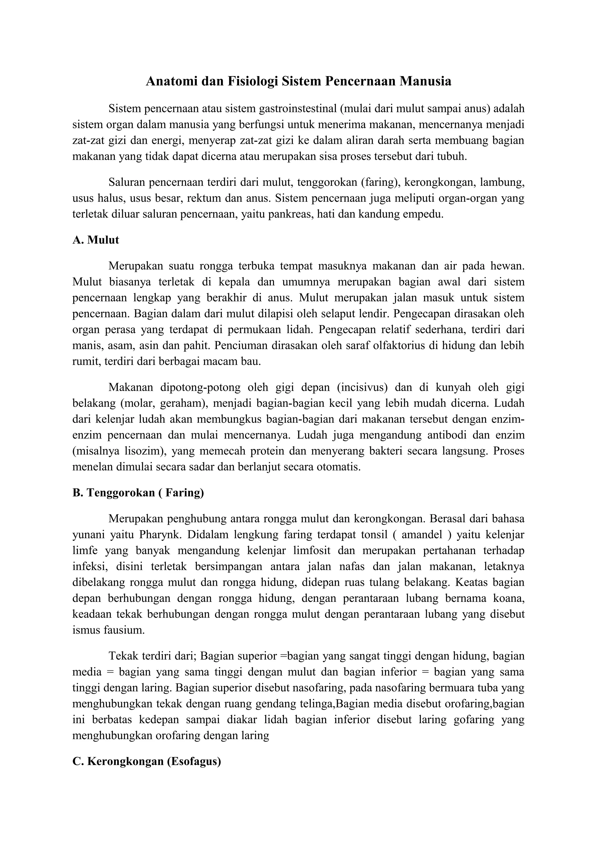 Anatomi dan fisiologi sistem pencernaan manusia | DOC