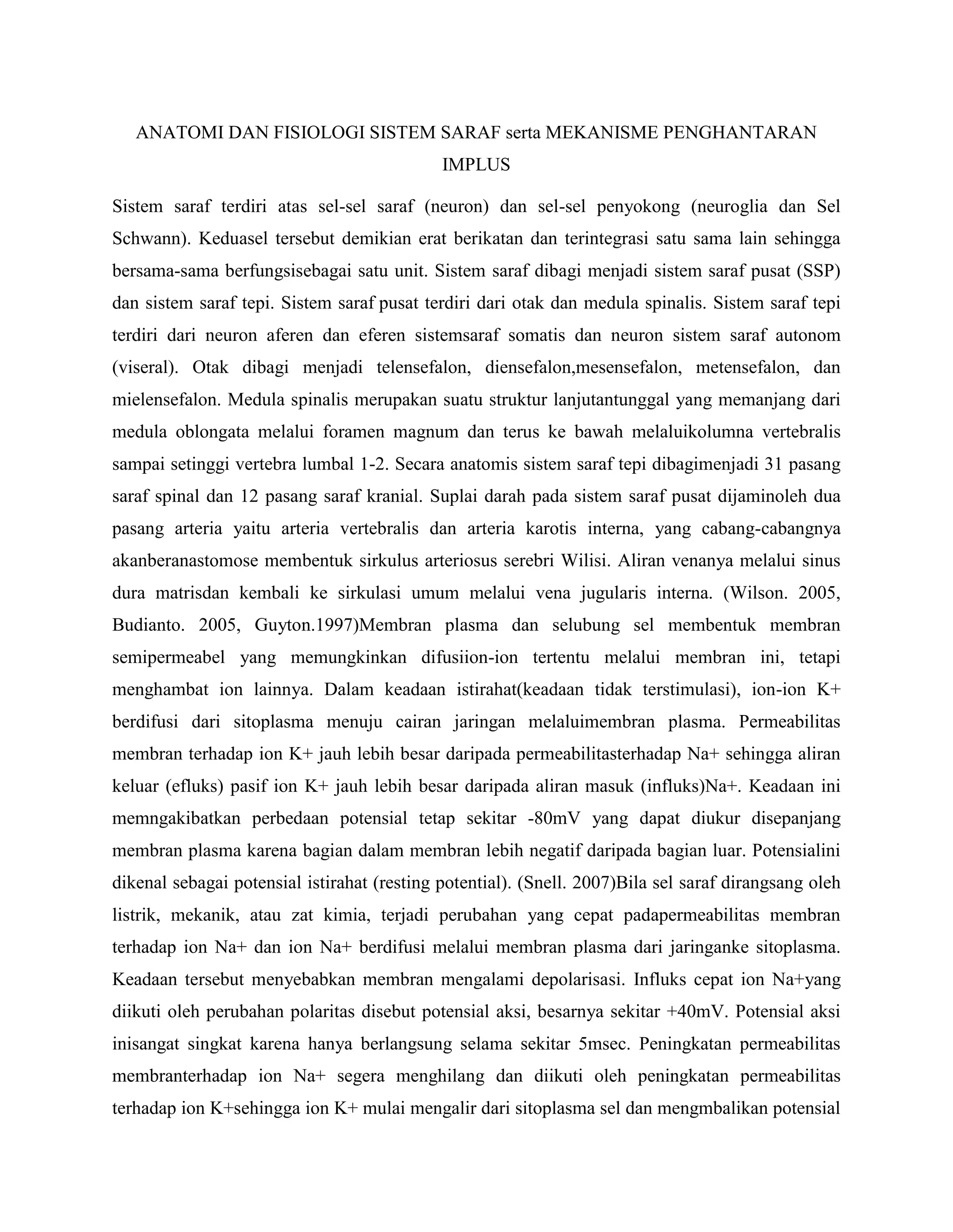 Anatomi dan fisiologi sistem saraf serta mekanisme penghantaran implus ...