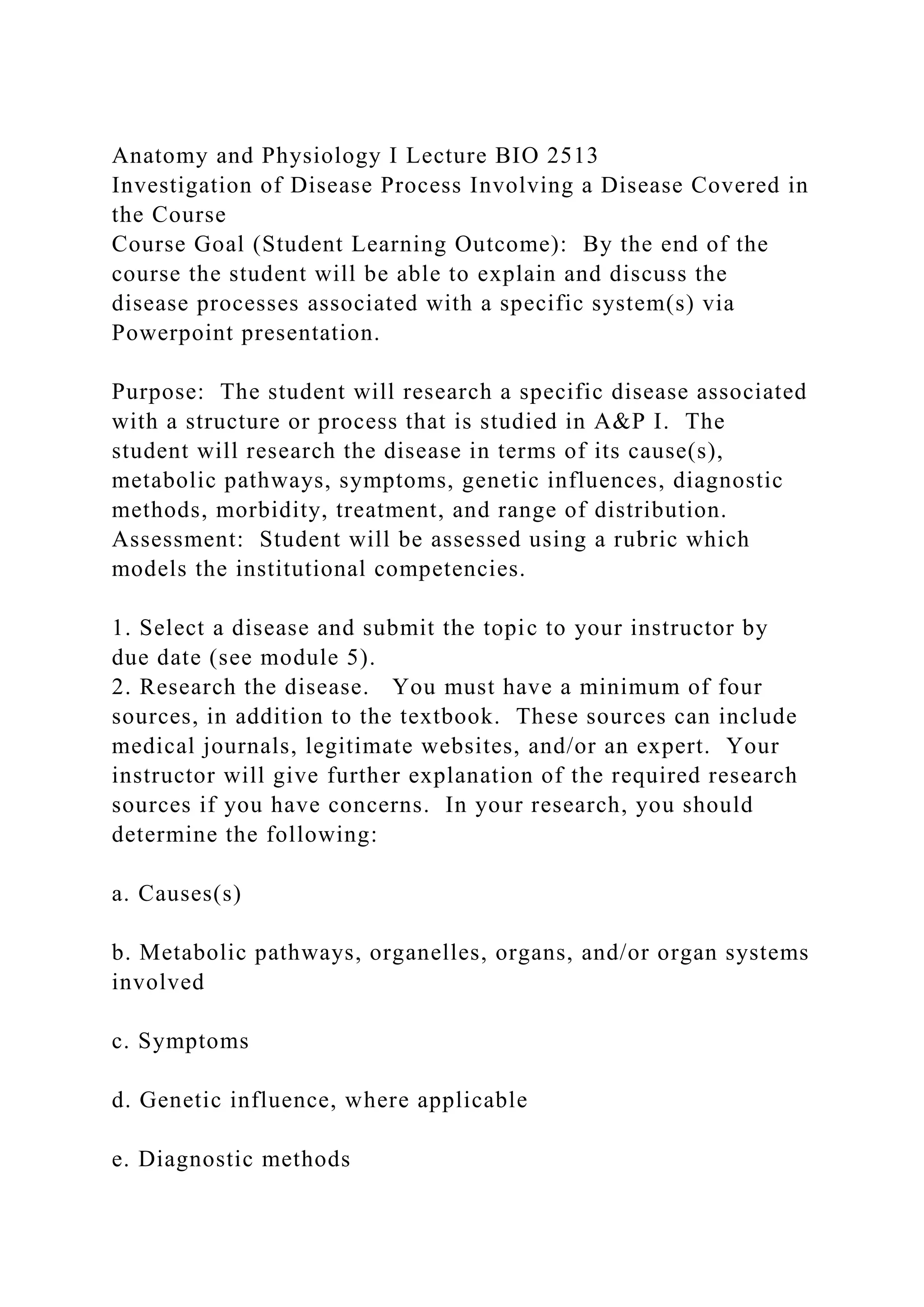 Anatomy and Physiology I Lecture BIO 2513Investigation of Disease .docx