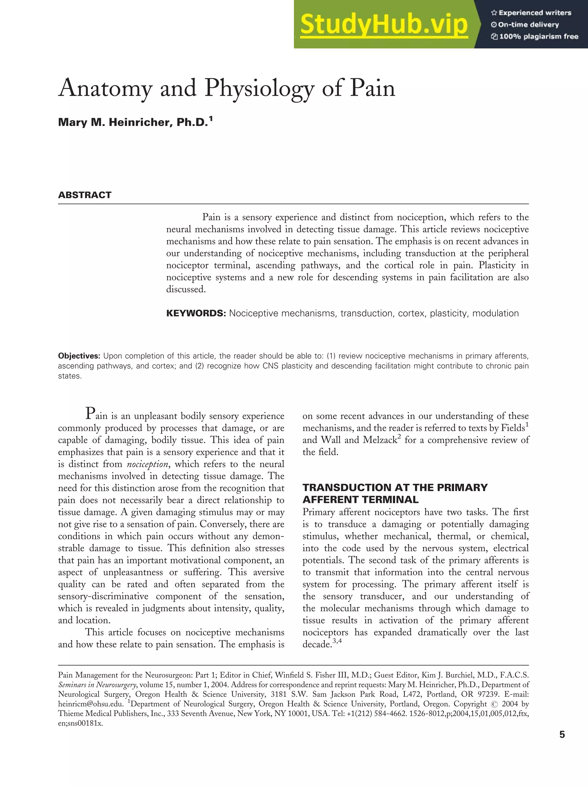 Anatomy And Physiology Of Pain | PDF