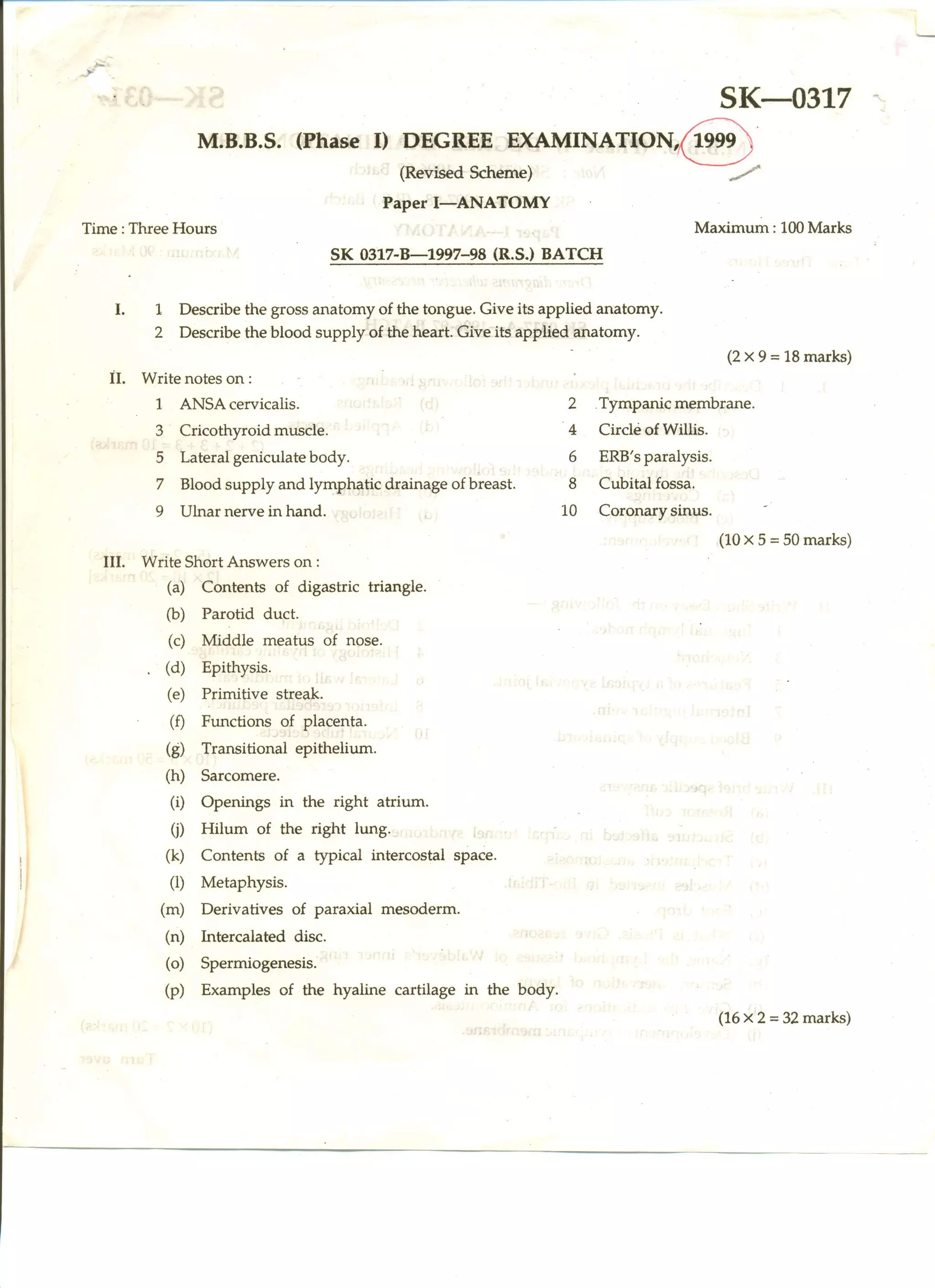 Anatomy mbbs rguhs qp1999 to 2001 m old paper | PDF