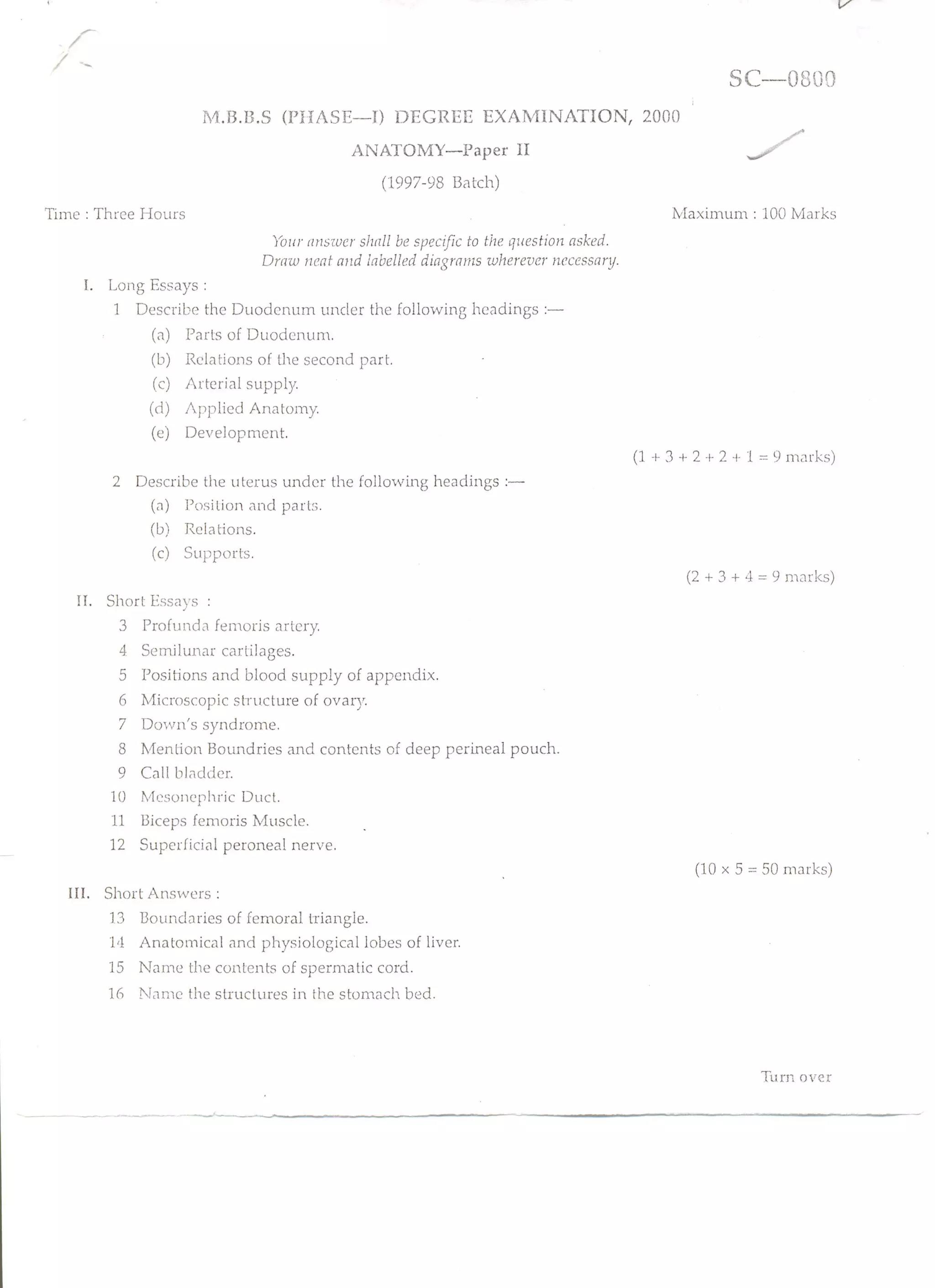 Anatomy mbbs rguhs qp1999 to 2001 m old paper | PDF