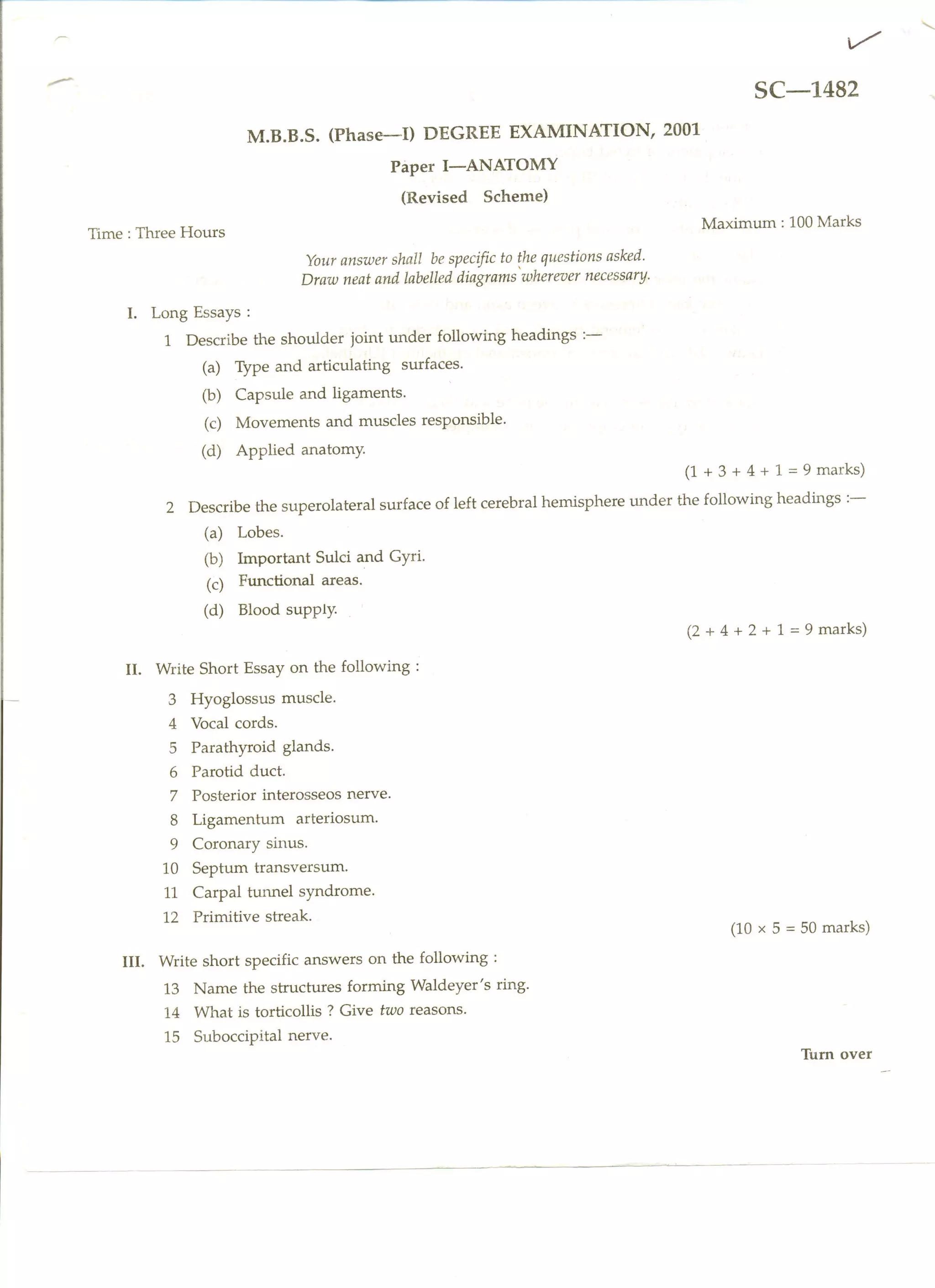 Anatomy mbbs rguhs qp1999 to 2001 m old paper | PDF