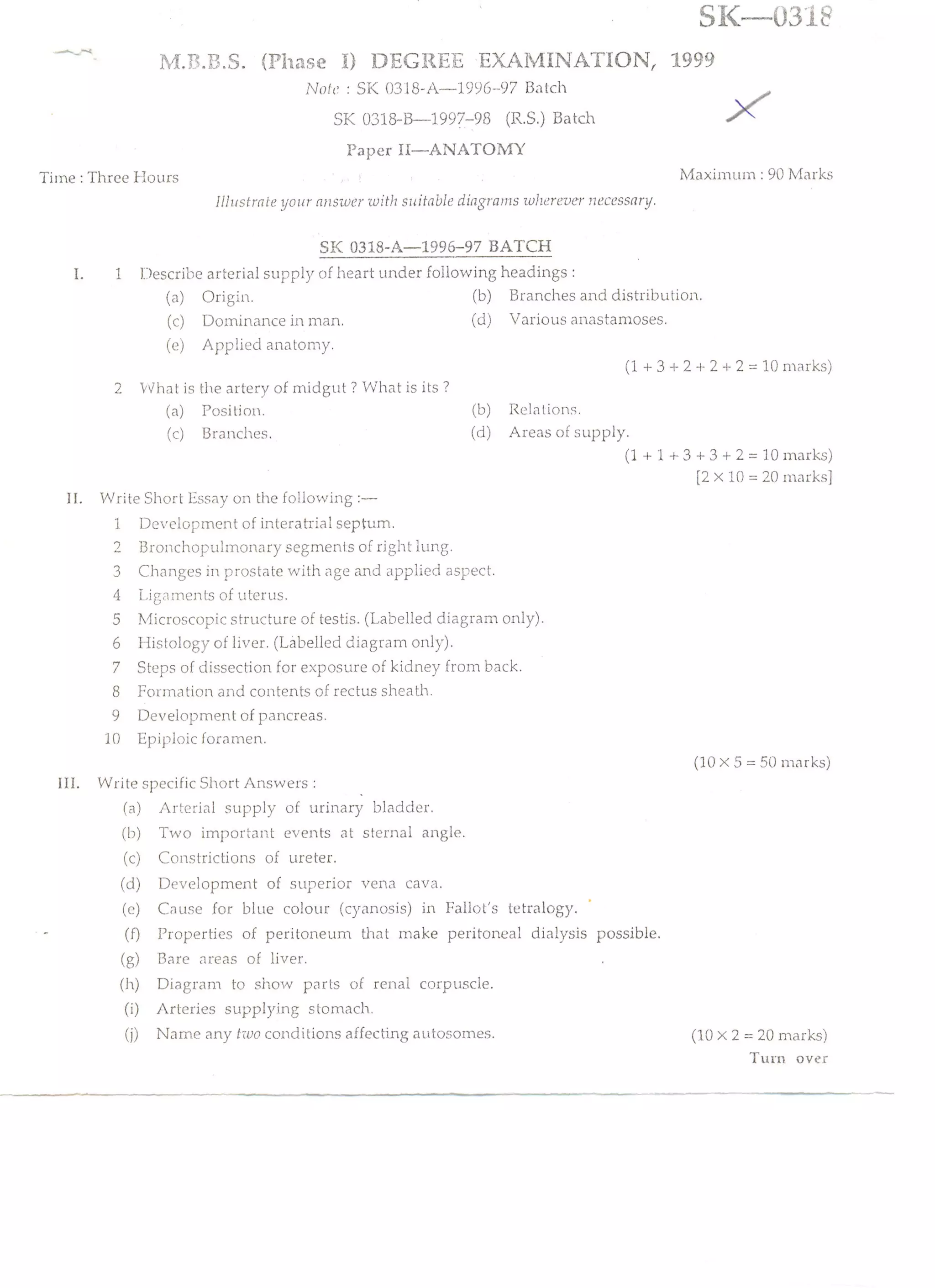 Anatomy mbbs rguhs qp1999 to 2001 m old paper | PDF