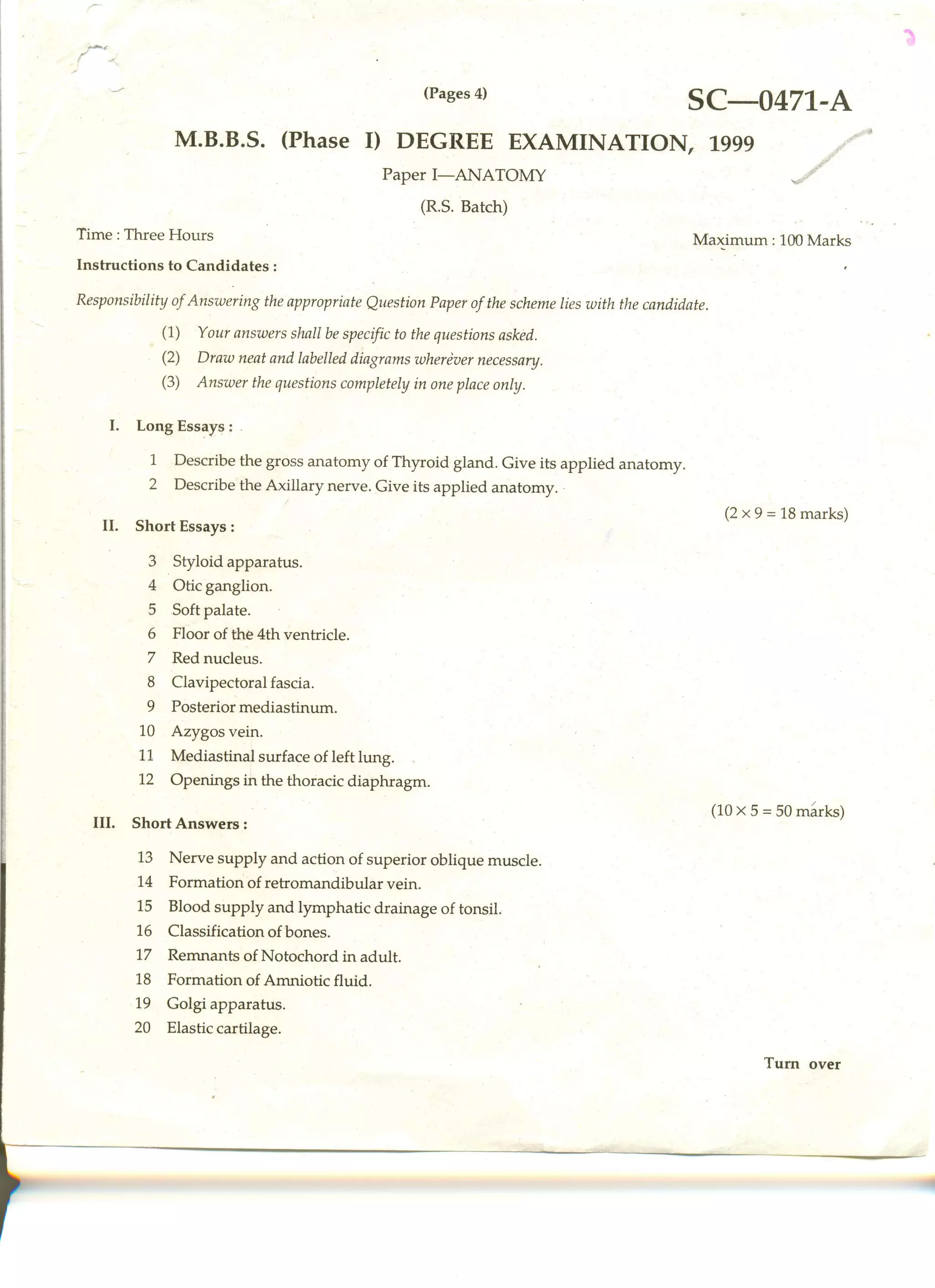 Anatomy mbbs rguhs qp1999 to 2001 m old paper | PDF