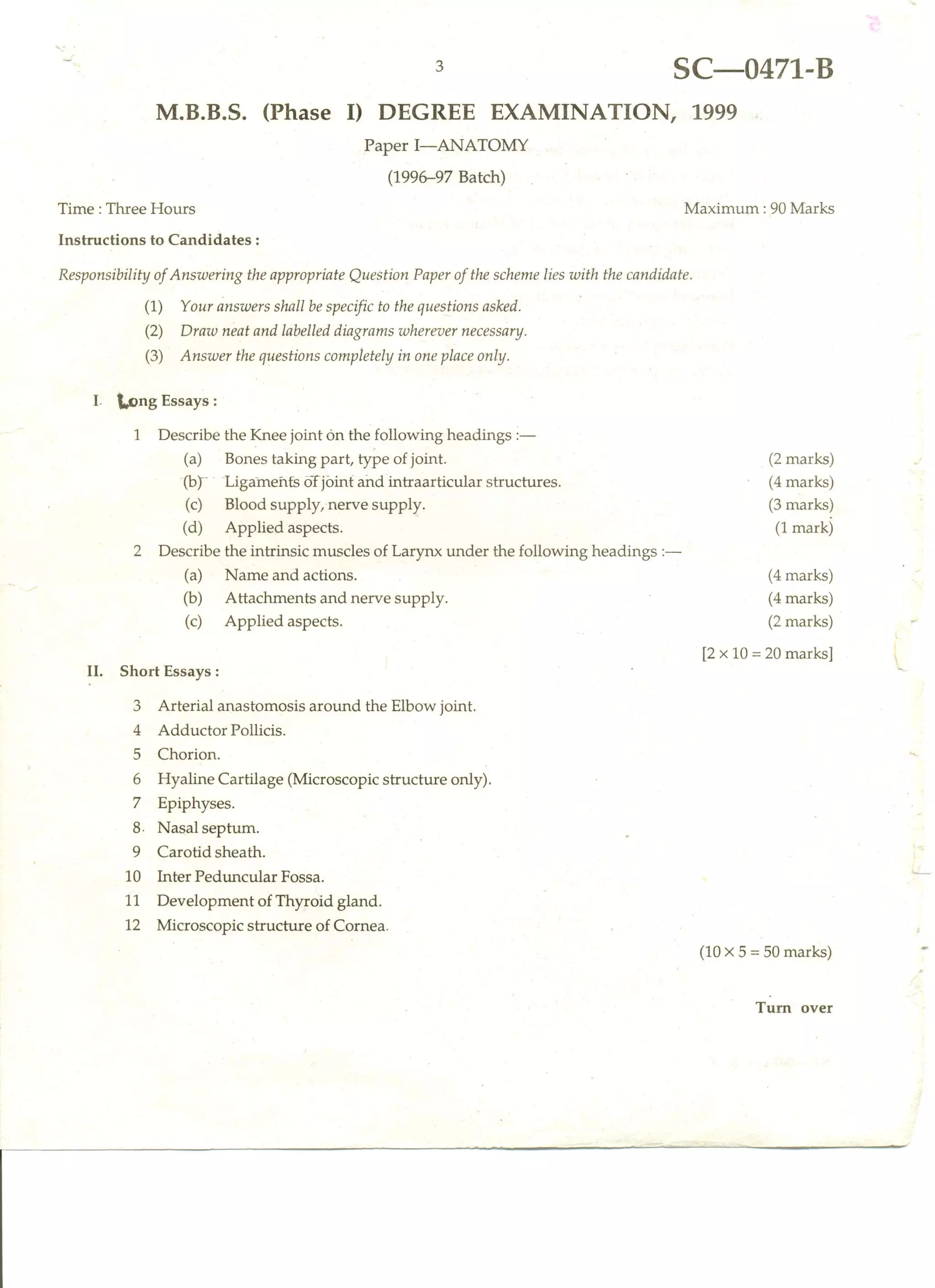 Anatomy mbbs rguhs qp1999 to 2001 m old paper | PDF