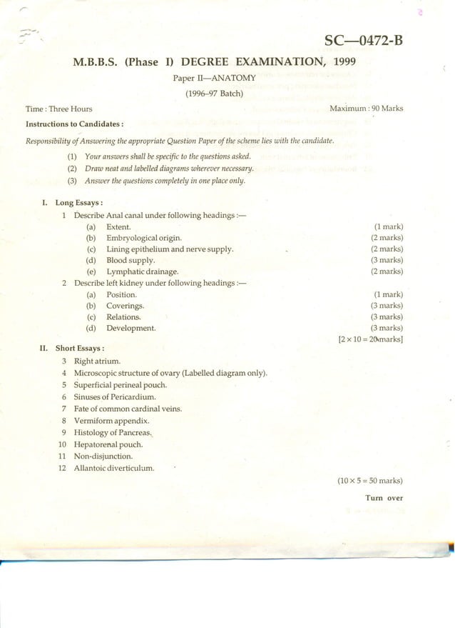 Anatomy mbbs rguhs qp1999 to 2001 m old paper | PDF