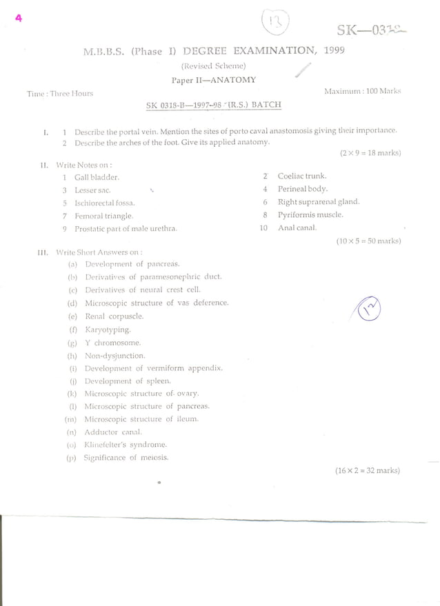 Anatomy mbbs rguhs qp1999 to 2001 m old paper | PDF