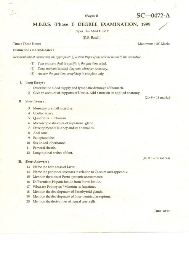 Anatomy mbbs rguhs qp1999 to 2001 m old paper | PDF