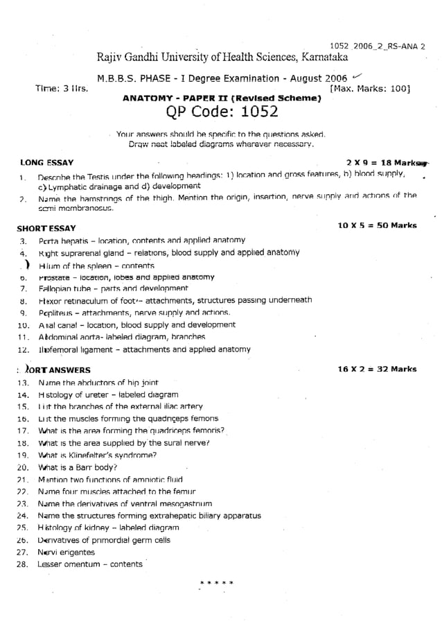 Anatomy mbbs rguhs qp 2005 to 2006 qp | PDF