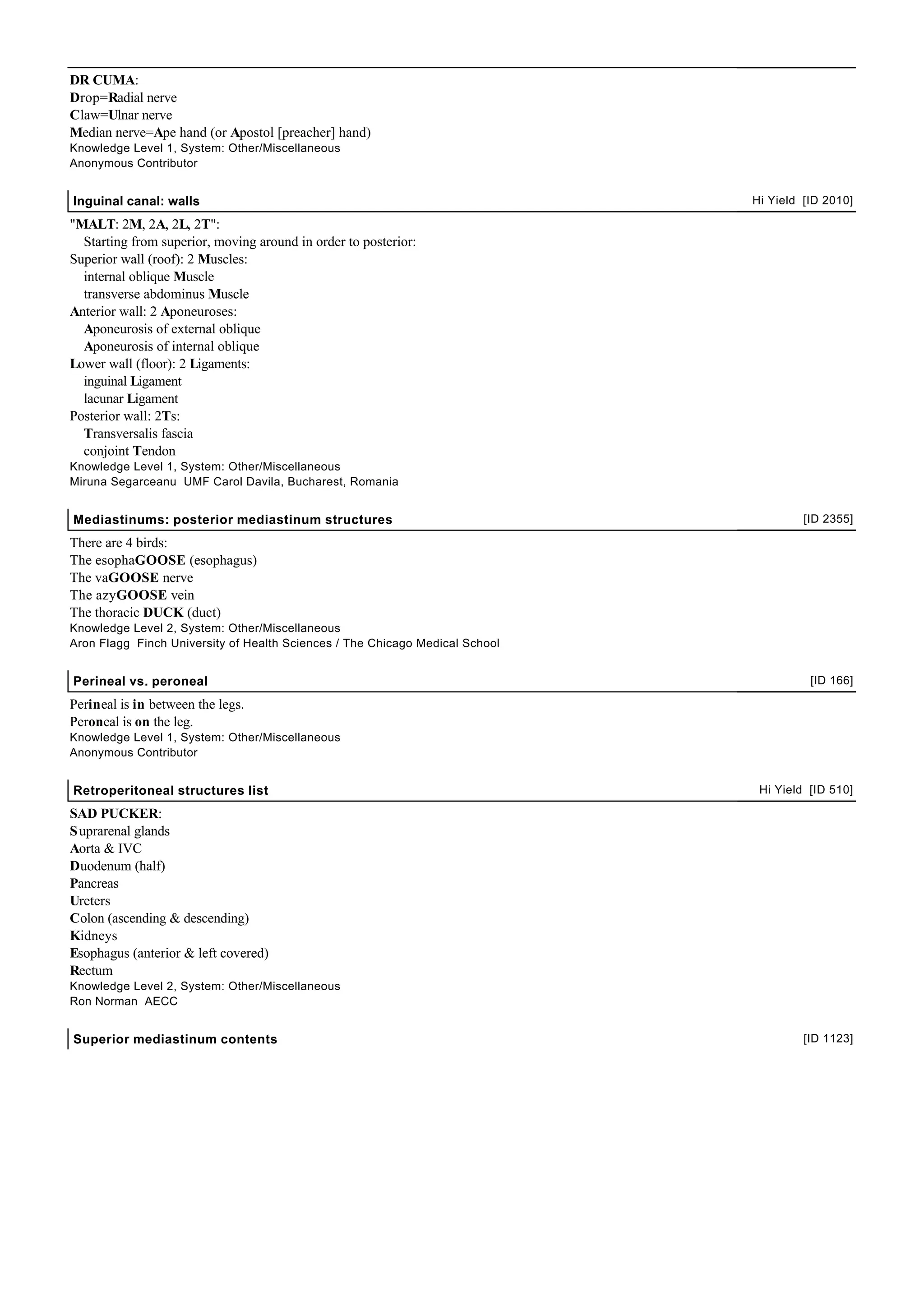 Anatomy mnemonics Guide | PDF