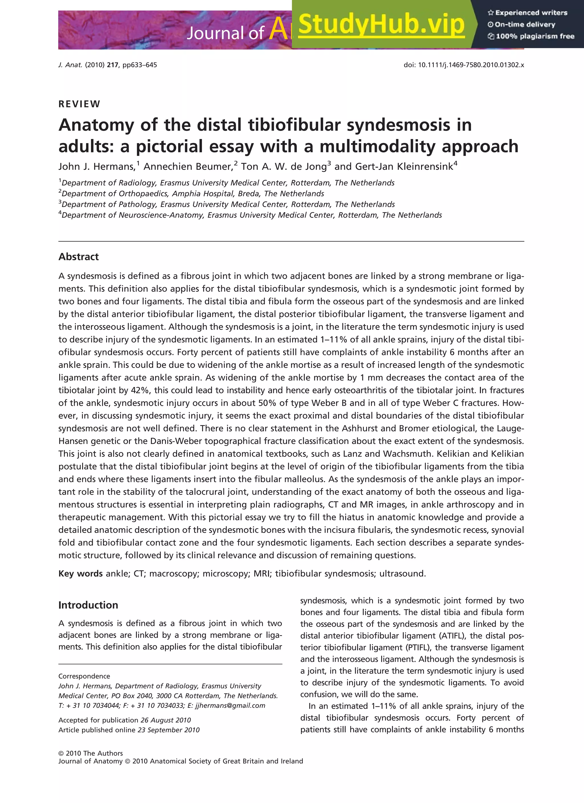 Anatomy Of The Distal Tibiofibular Syndesmosis In Adults A Pictorial ...