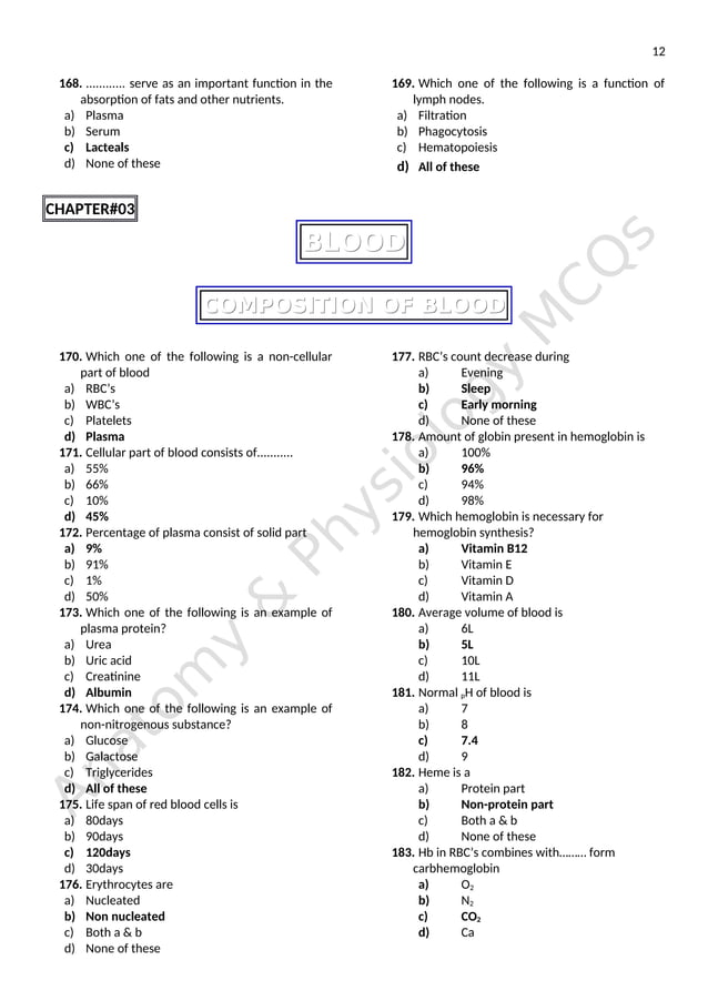Anatomy & Physiology MCQs (2).pdf | Biological Sciences | Science