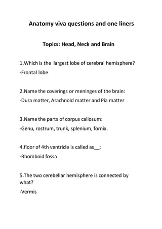 Anatomy viva questions and one liners with answers Question bank. | DOCX