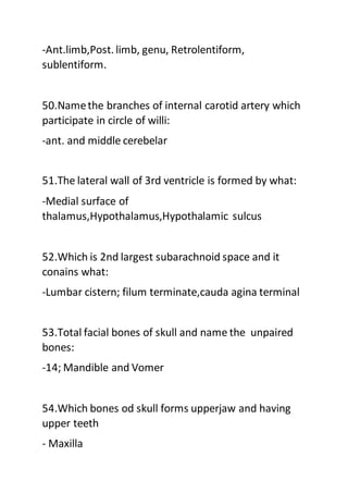 Anatomy viva questions and one liners with answers Question bank. | DOCX