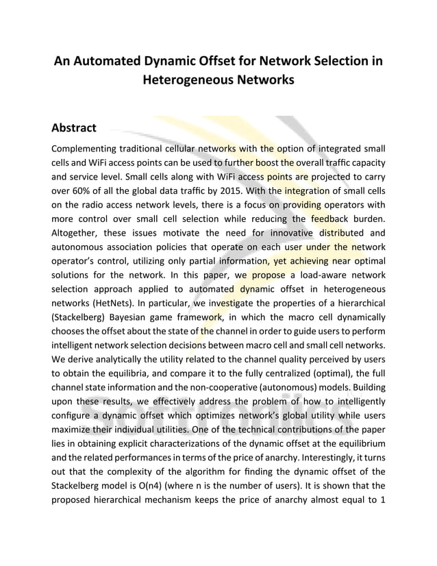 An automated dynamic offset for network selection in heterogeneous networks | PDF
