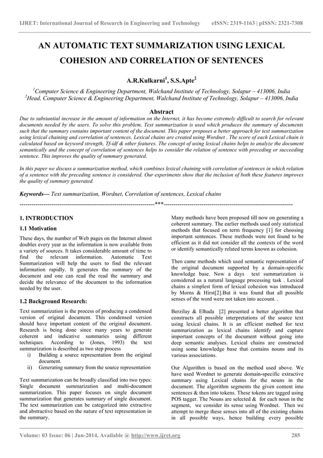 An Automatic Text Summarization Using Lexical Cohesion And Correlation