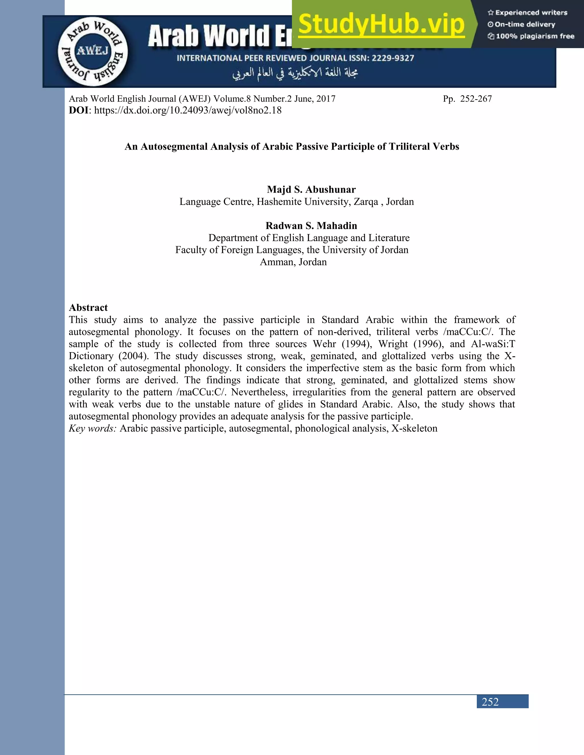 An Autosegmental Analysis Of Arabic Passive Participle Of Triliteral ...