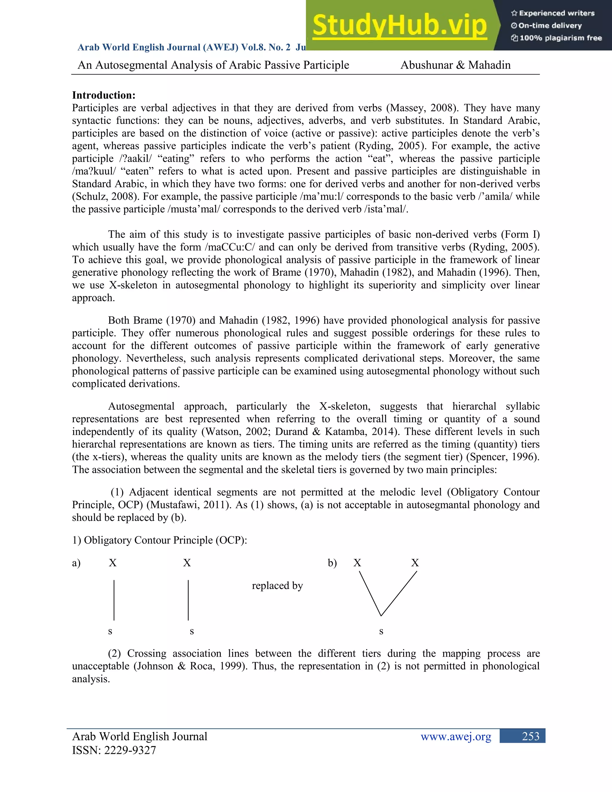 An Autosegmental Analysis Of Arabic Passive Participle Of Triliteral Verbs An Autosegmental ...