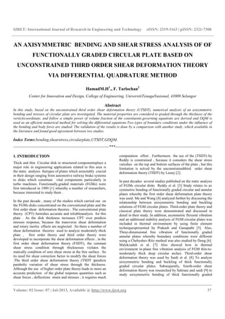 An axisymmetric bending and shear stress analysis of of | PDF