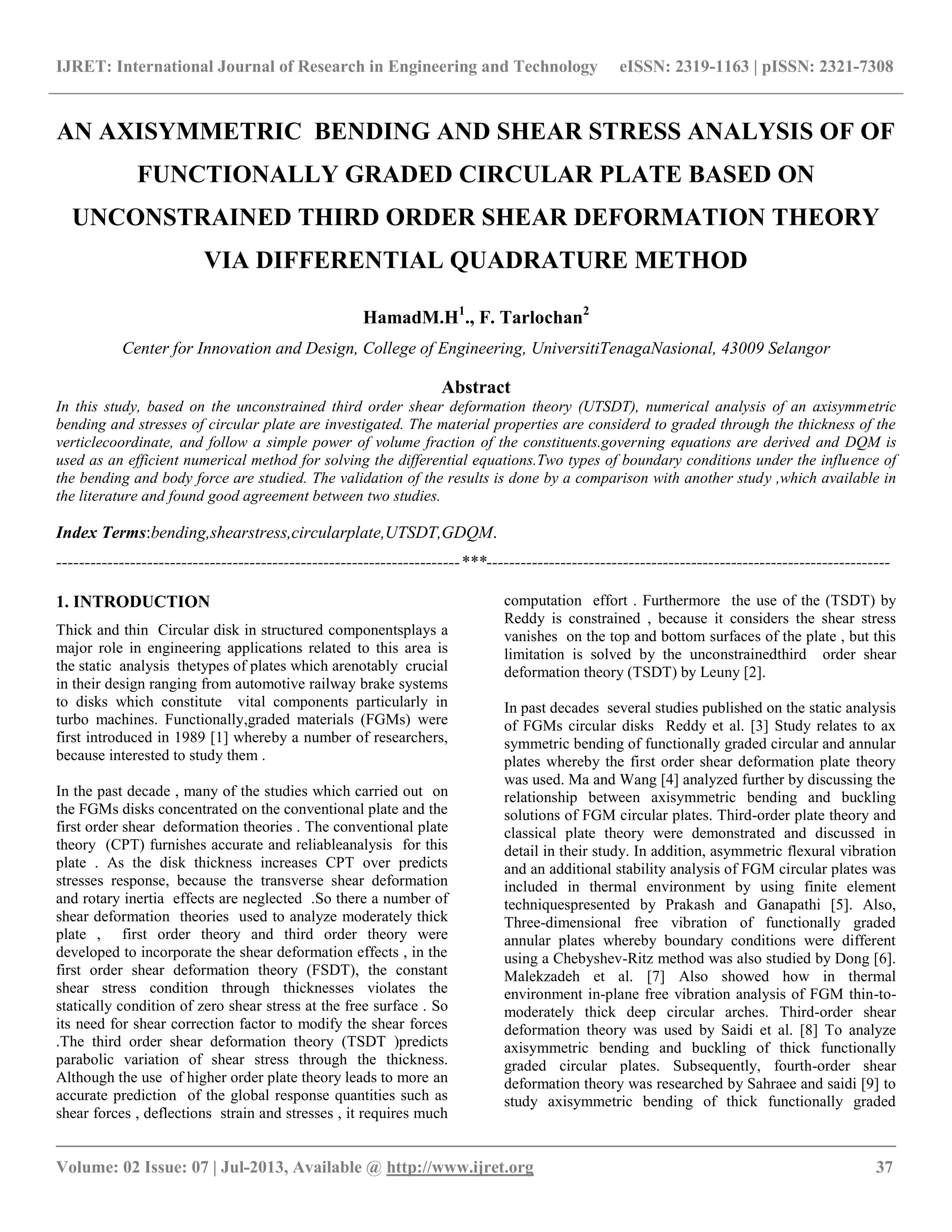 An axisymmetric bending and shear stress analysis of of functionally ...