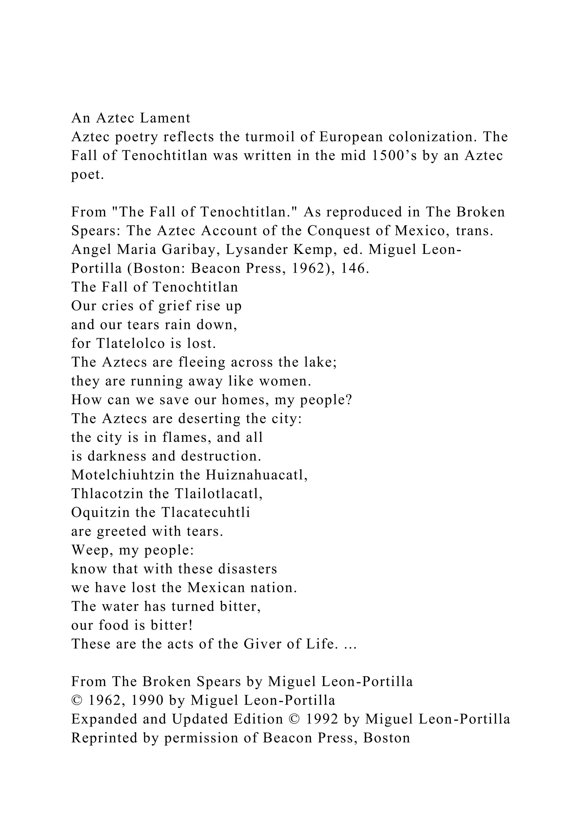 An Aztec Lament Aztec poetry reflects the turmoil of European co.docx