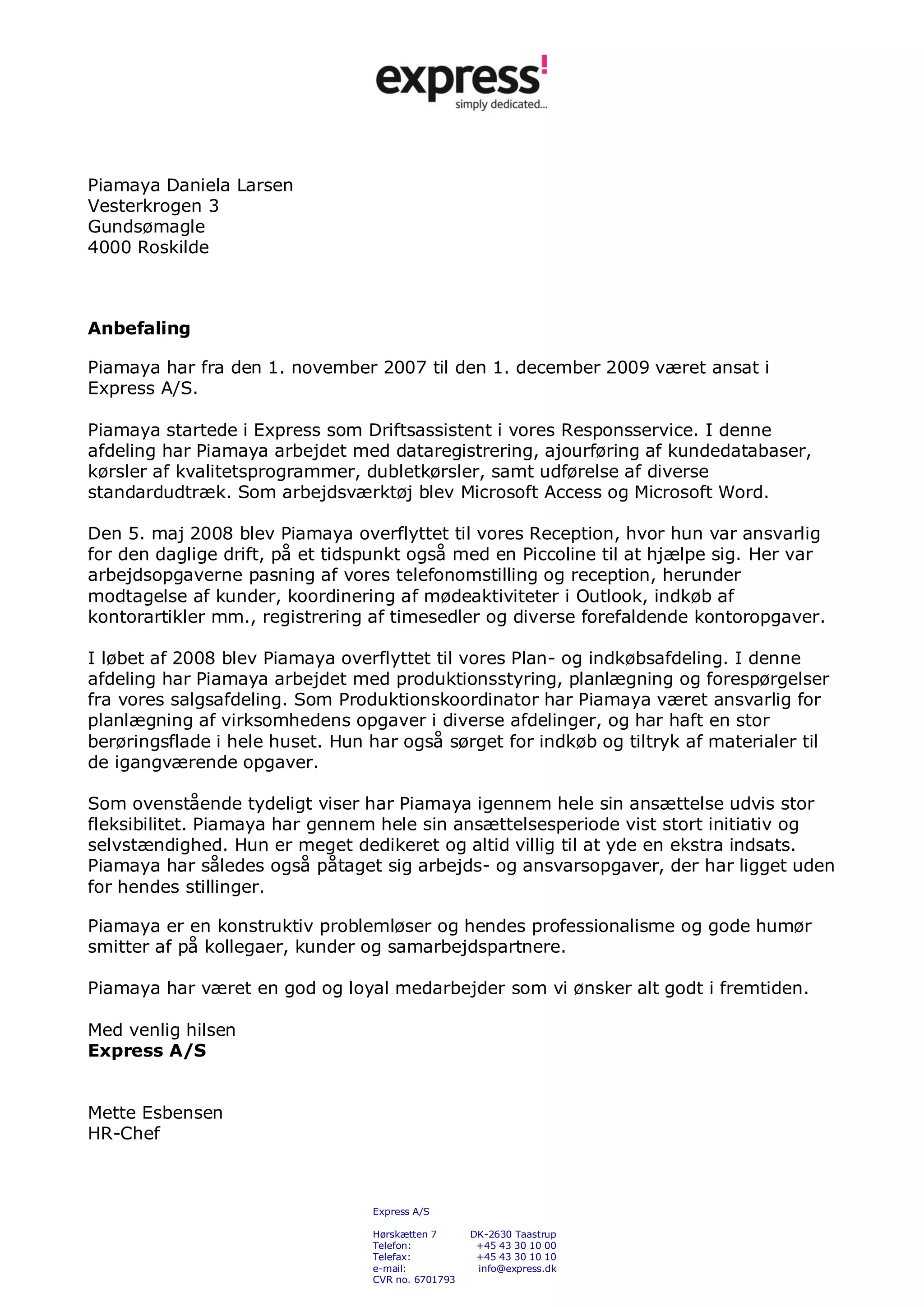 Anbefaling til piamaya daniela larsen | PDF