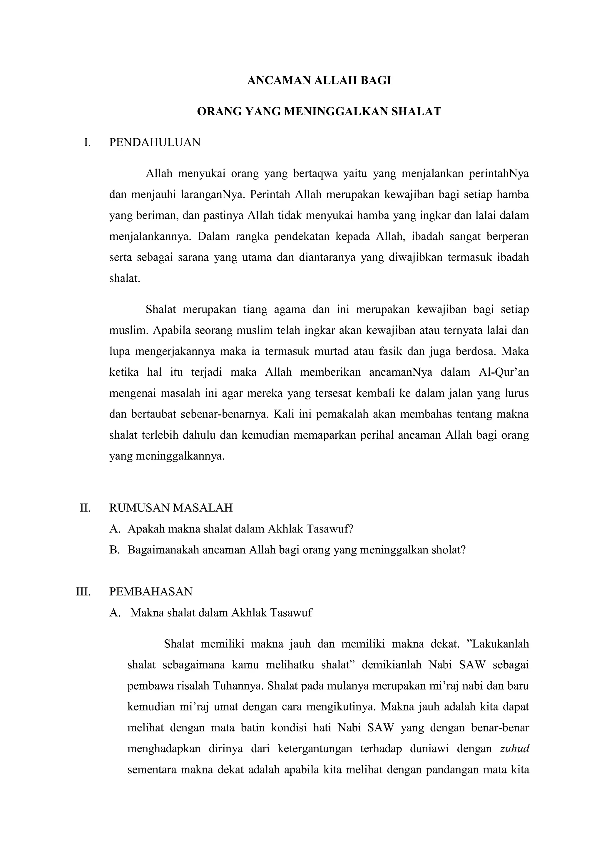 Ancaman allah bagi orang yang meninggalkan sholat | DOCX