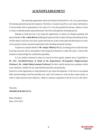 SUMMER INTERNSHIP REPORT (Anchor Electricals Pvt. Ltd.) | PDF