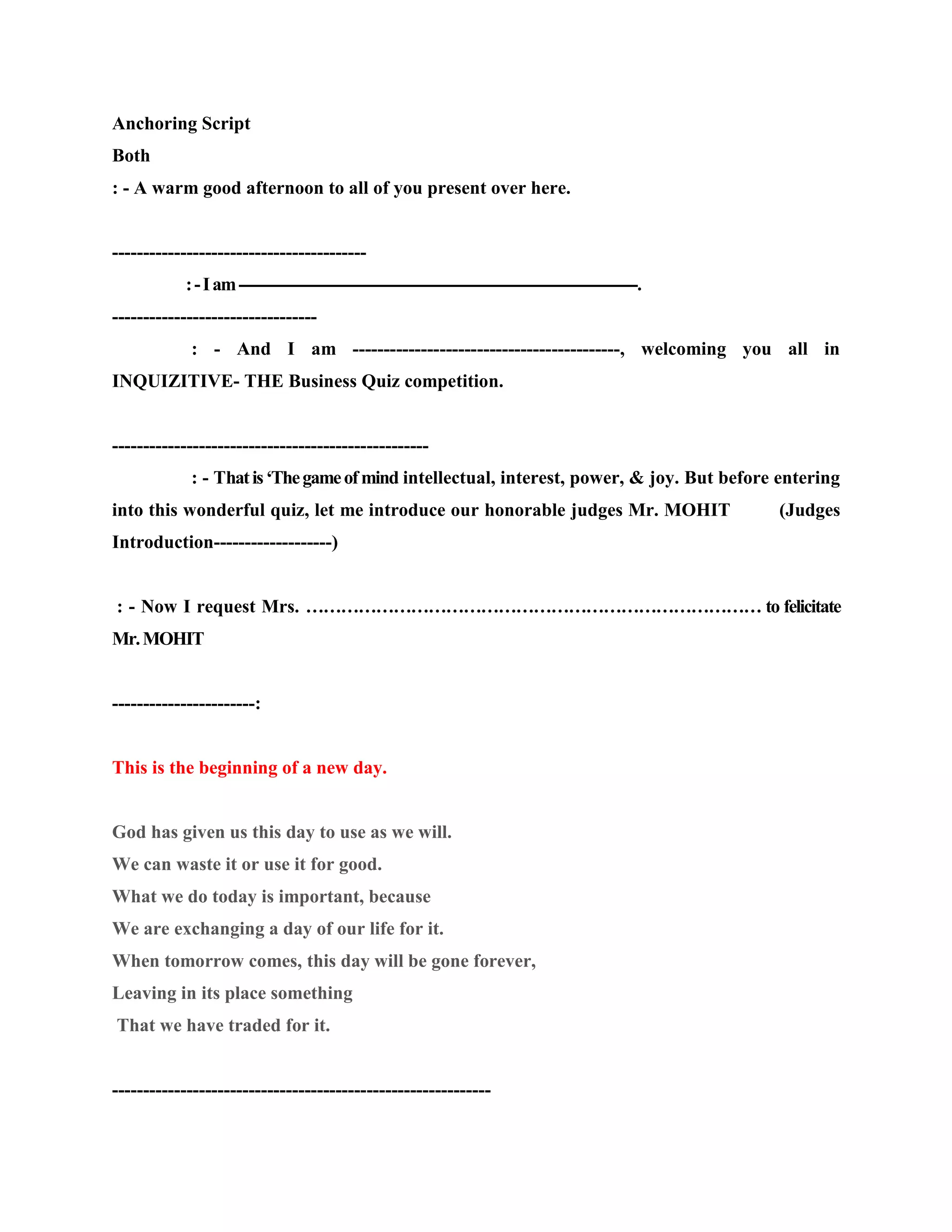 basic Anchoring script for buiness quiz competition | PDF