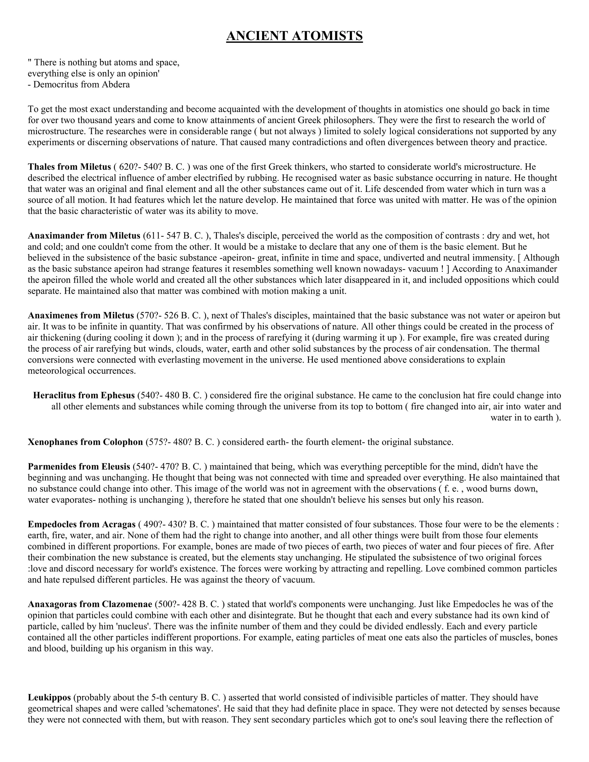 Ancient atomists | DOCX | Chemistry | Science